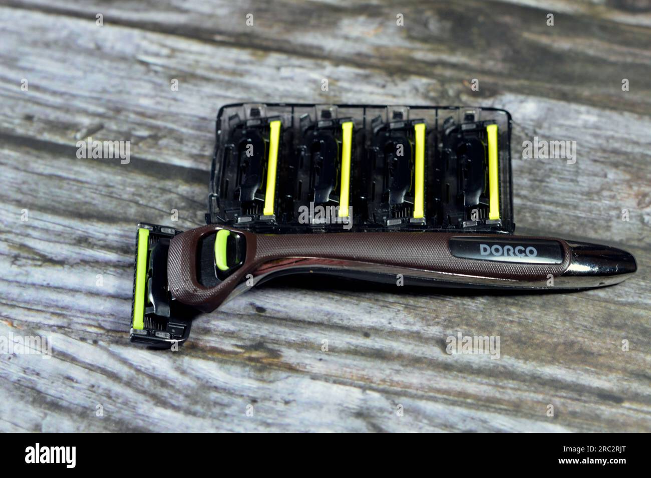 Cairo, Egypt, July 5 2023: Dorco Pace 6 Pro for shaving comes with ...