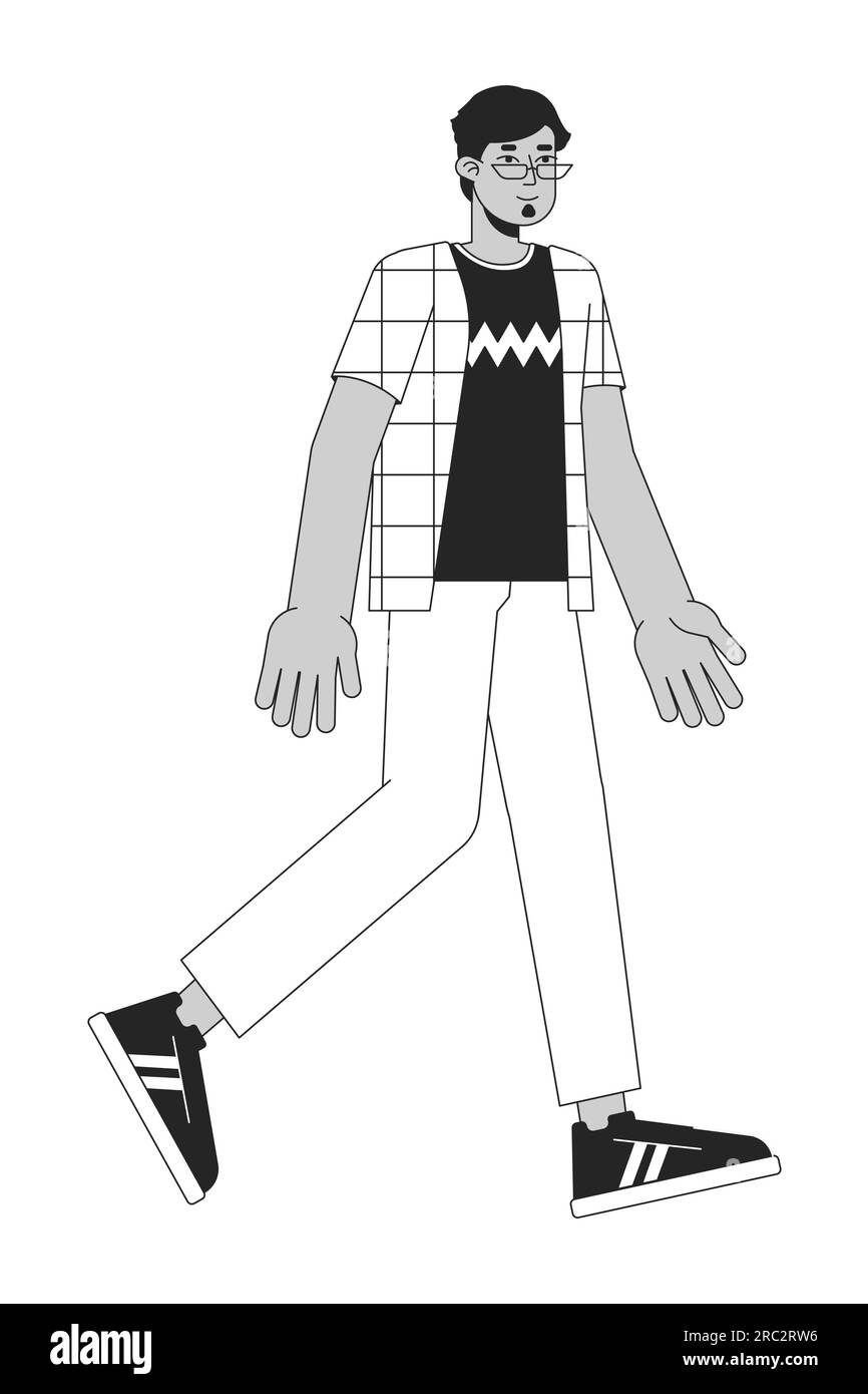 Arab man in eyeglasses walking flat line black white vector character ...