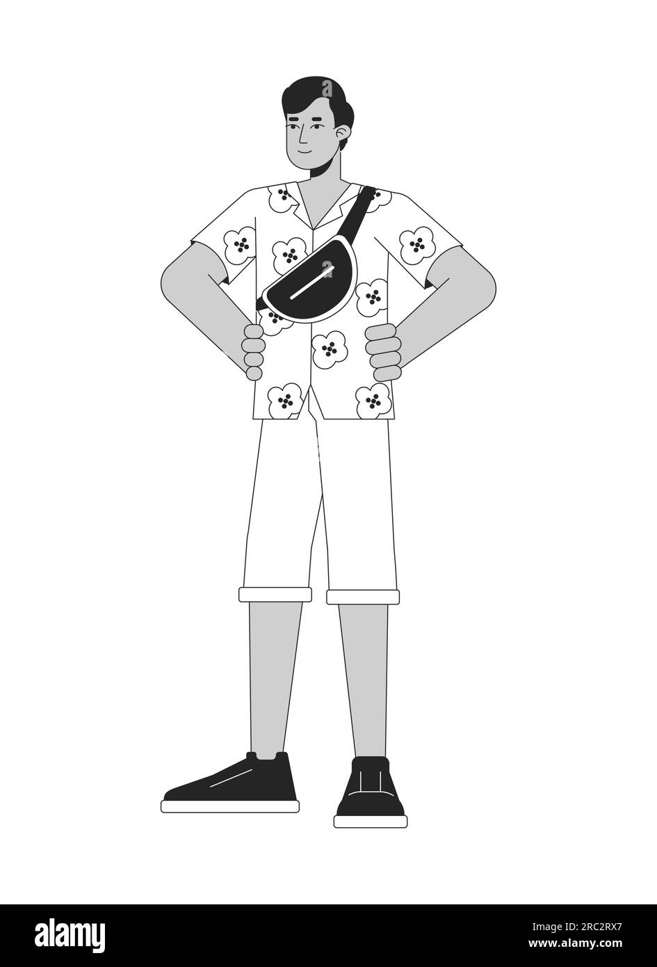 Indian male tourist with crossbody bag flat line black white vector ...