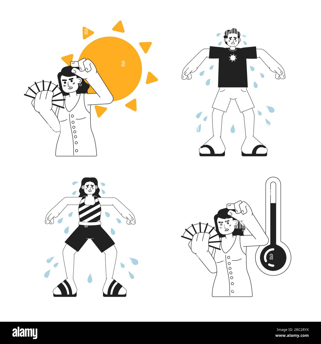 Excessive heat warning monochrome concept vector spot illustration set ...