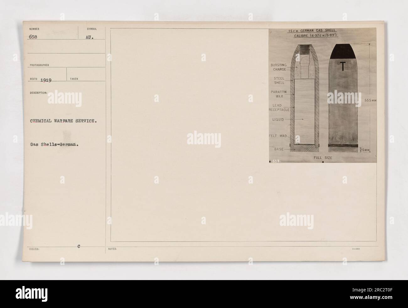 This photograph shows 15cm German gas shells, number 658. The shells ...