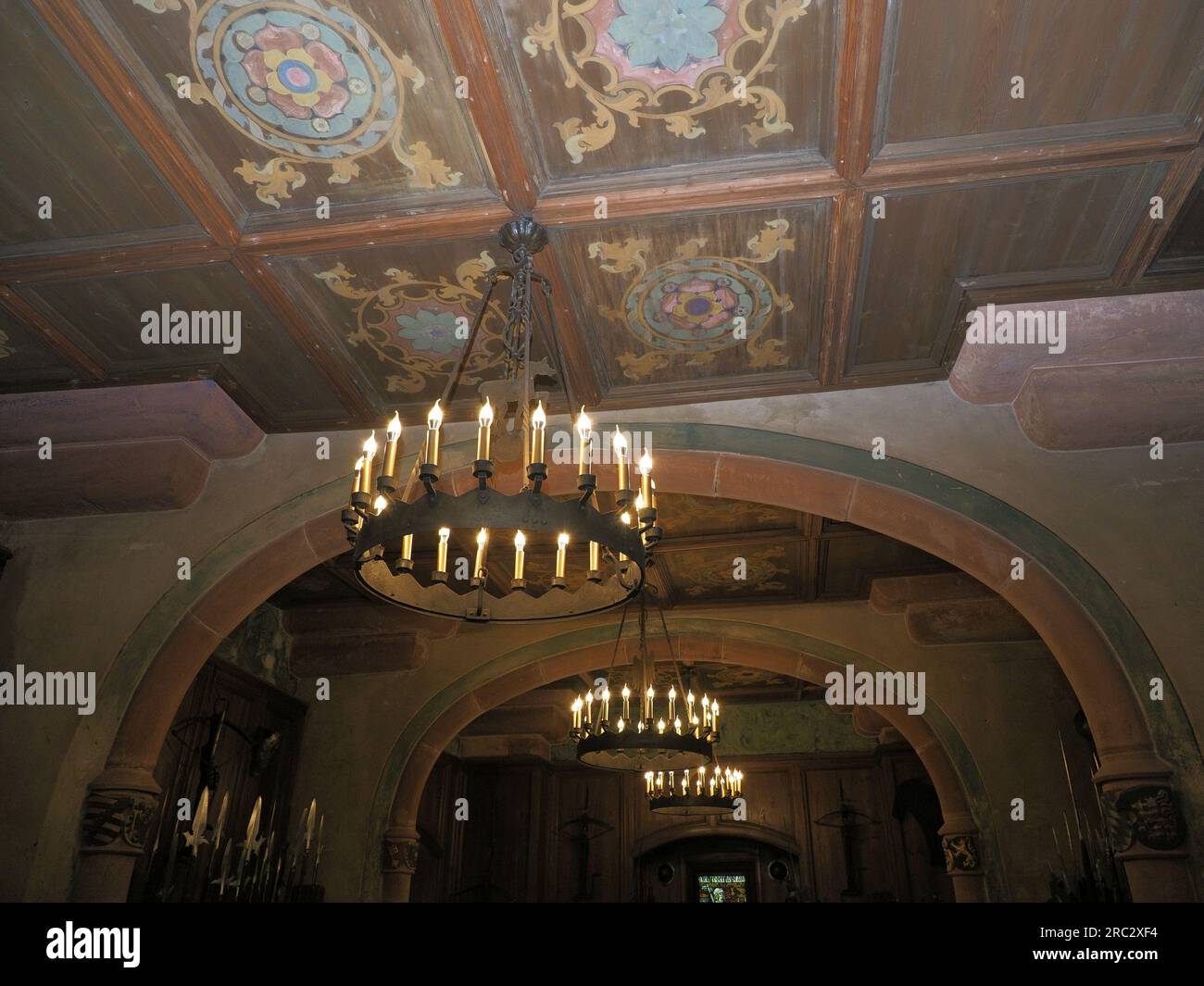 Wooden ceiling with chandeliers in chamber of Koenigsbourg castle in ...