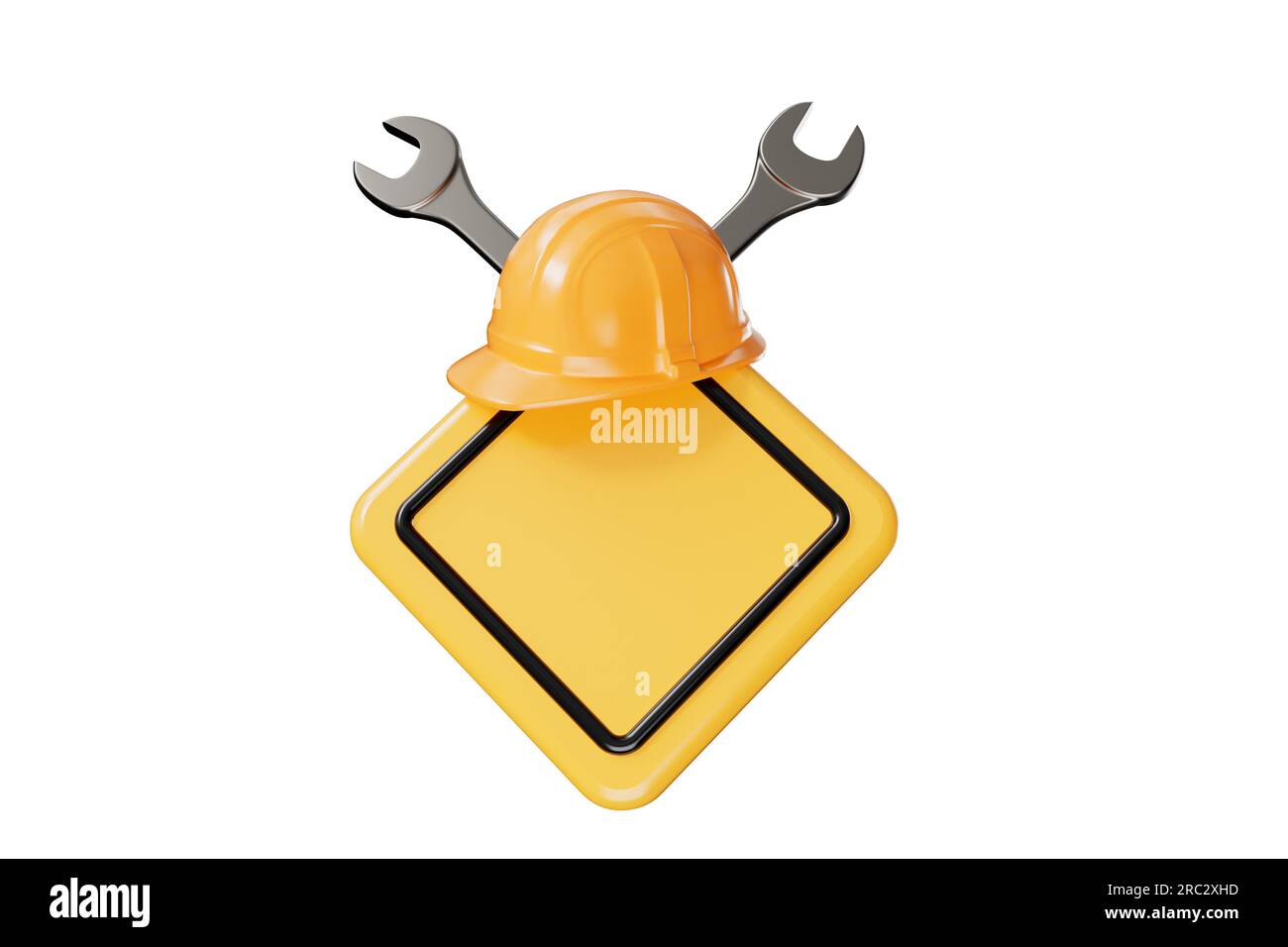Construction hard hat and spanner tool blank message banner. 3D ...