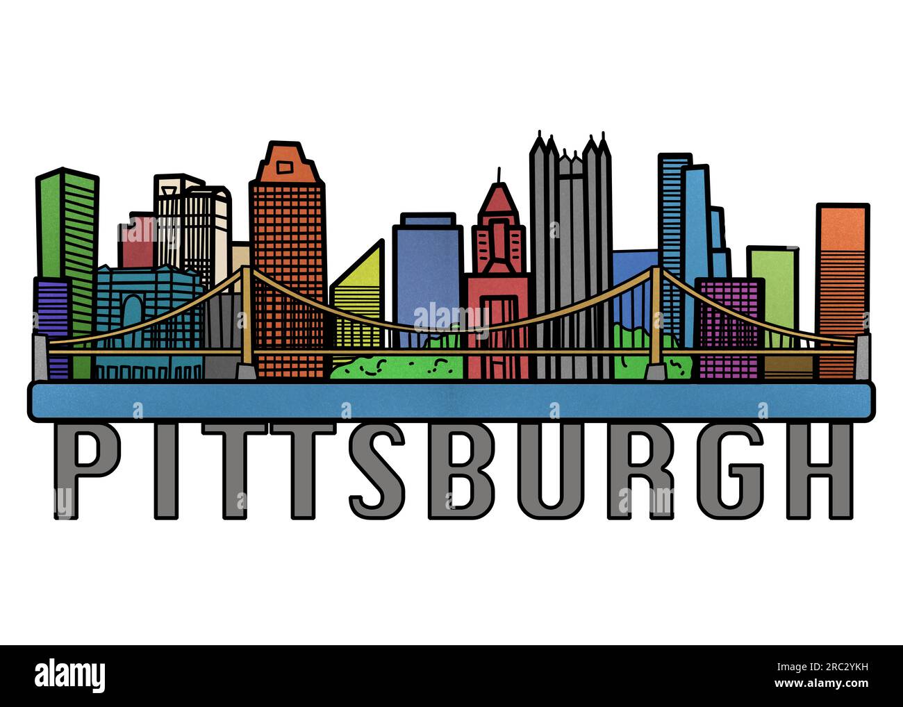 Pittsburgh City Skyline Colorful Illustration, Silhouette of Pittsburgh ...