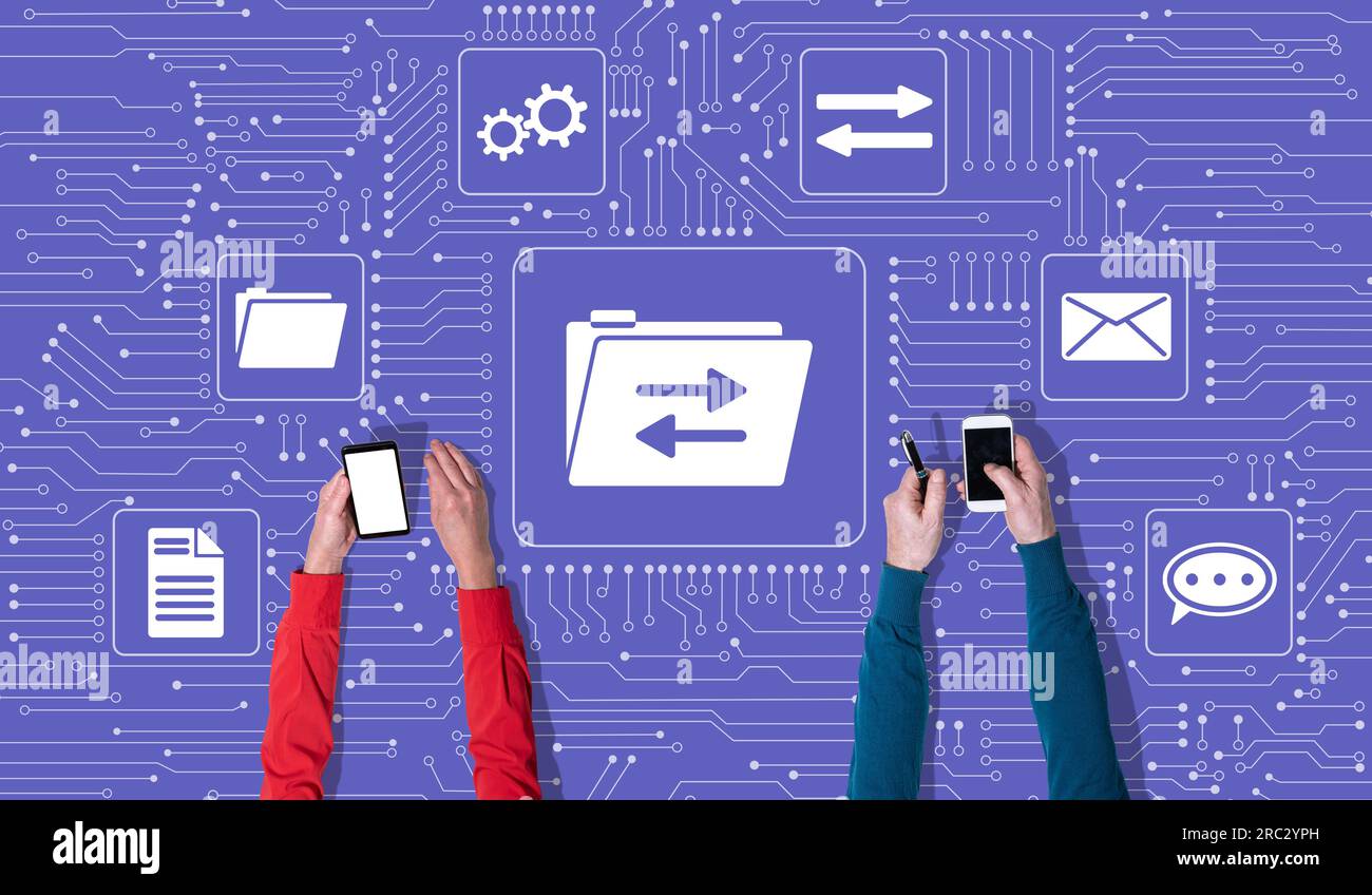 Top view of hands using mobile phone with symbol of data exchange ...
