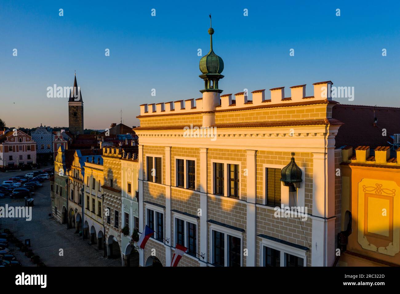 The Telc Town Hall and the Holy Spirit Tower (background) in an aerial ...