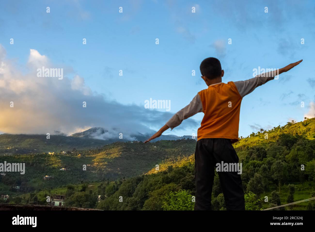Happy little boy with raised arms ,wonderful springtime landscape in ...
