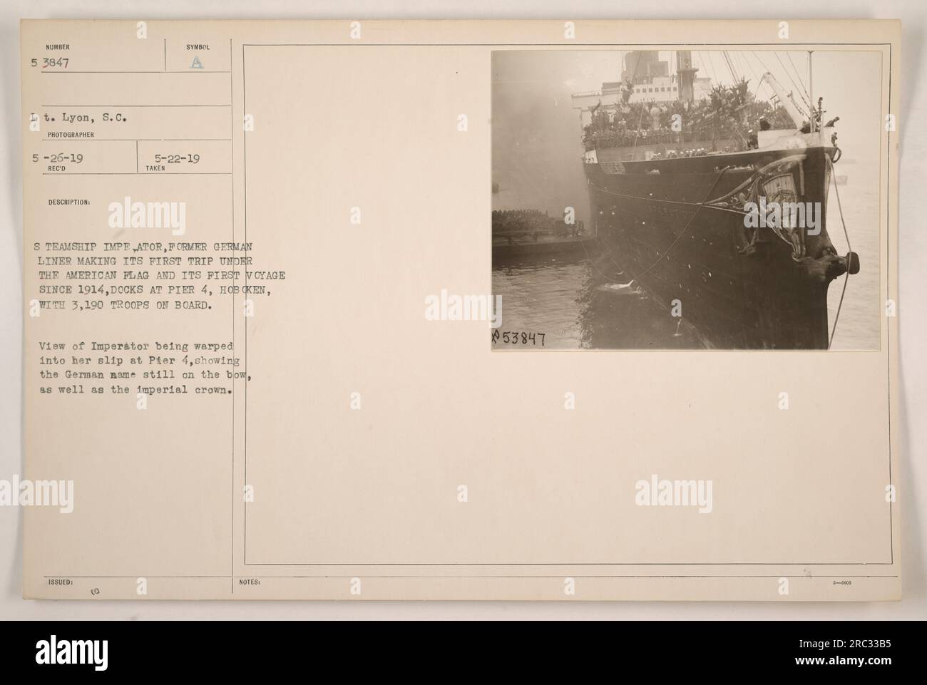 Steamship Imperator, a former German liner, arrives at Pier 4 in ...