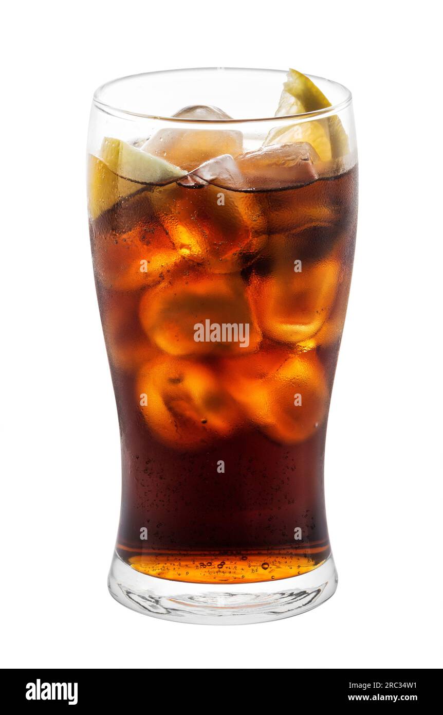 Transparent big glass filled with cold refreshing cola with ice cubes ...