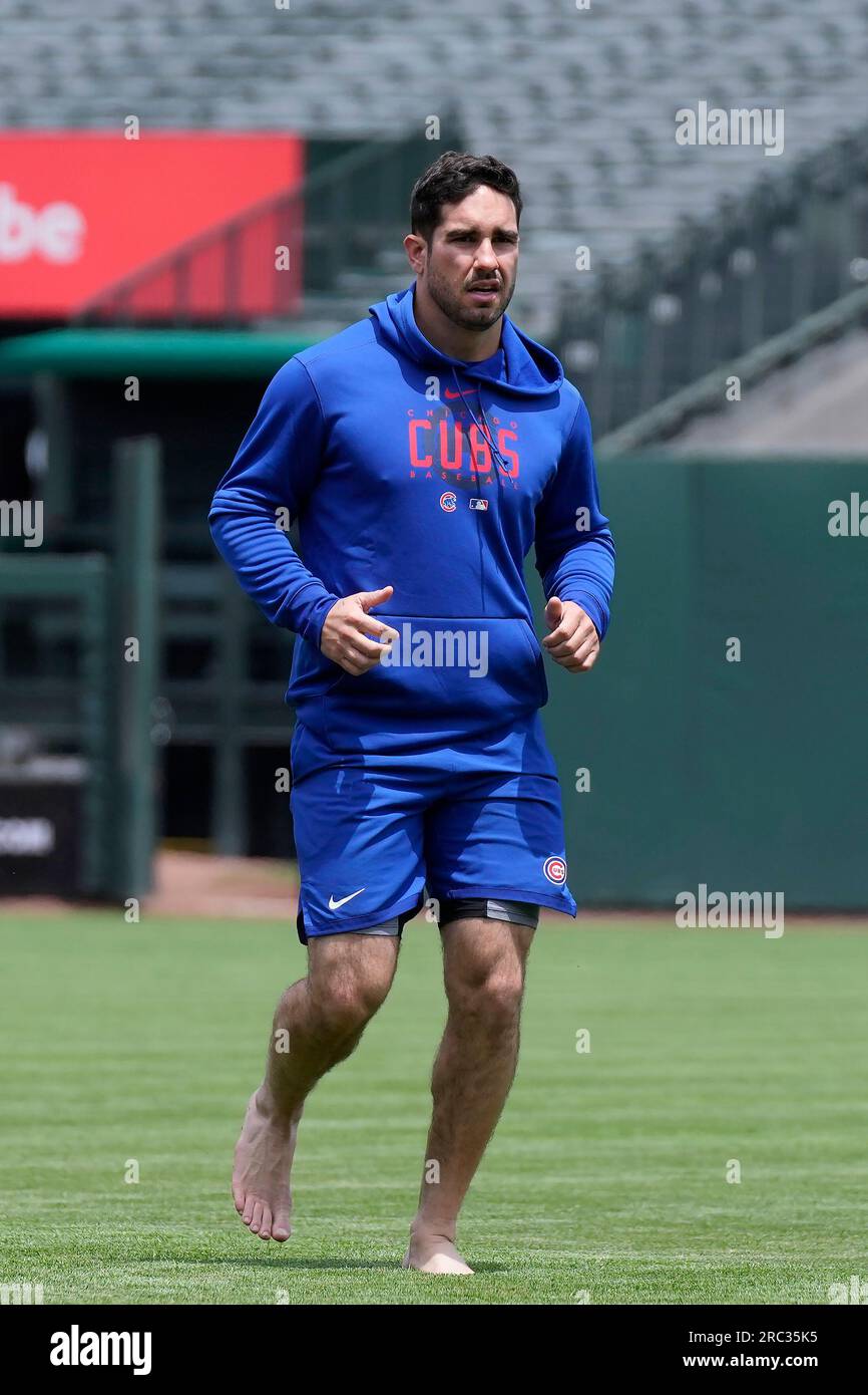 Chicago Cubs' Mike Tauchman walks barefoot on the field before a ...