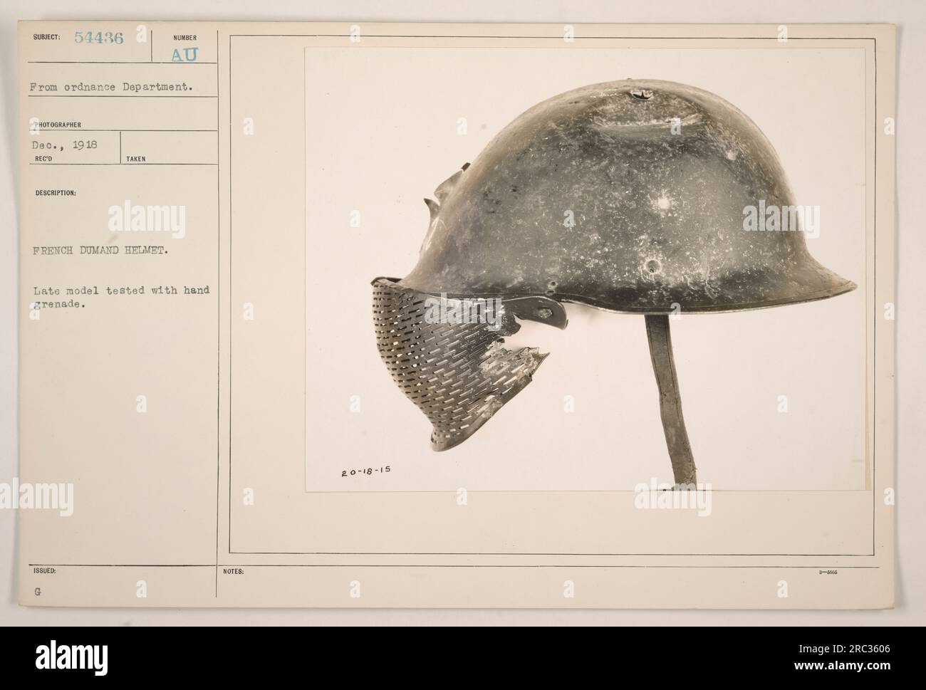 Late model French Dumand helmet, tested with hand grenade by the ...