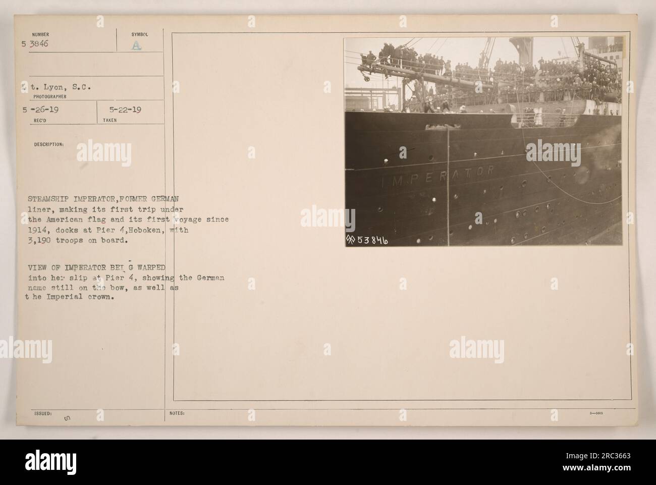 Steamship Imperator, a former German liner, is seen being maneuvered ...