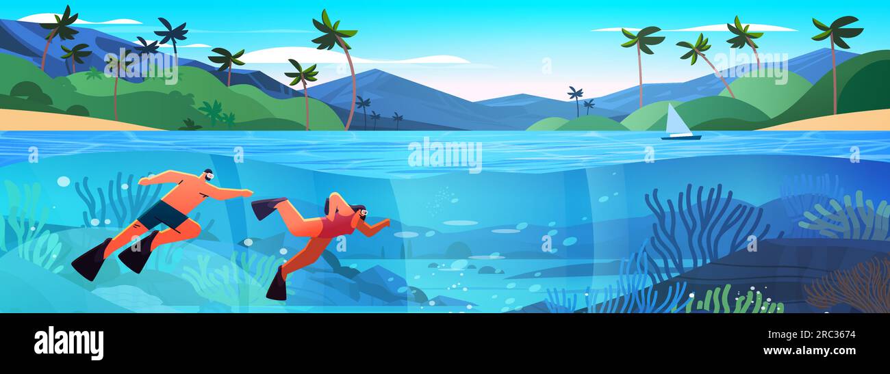 tourists swimming in sea or ocean and watching marine fauna with fish ...