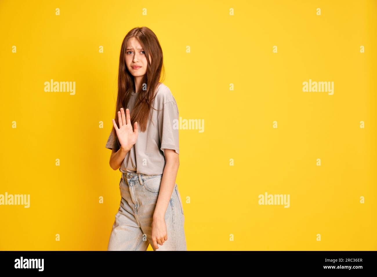 Rejection. Young girl, student in casual clothes standing with gesture ...
