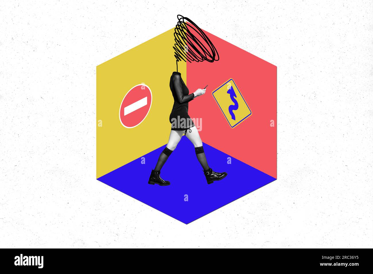 Composite collage image of young female walking ignore warning signs ...