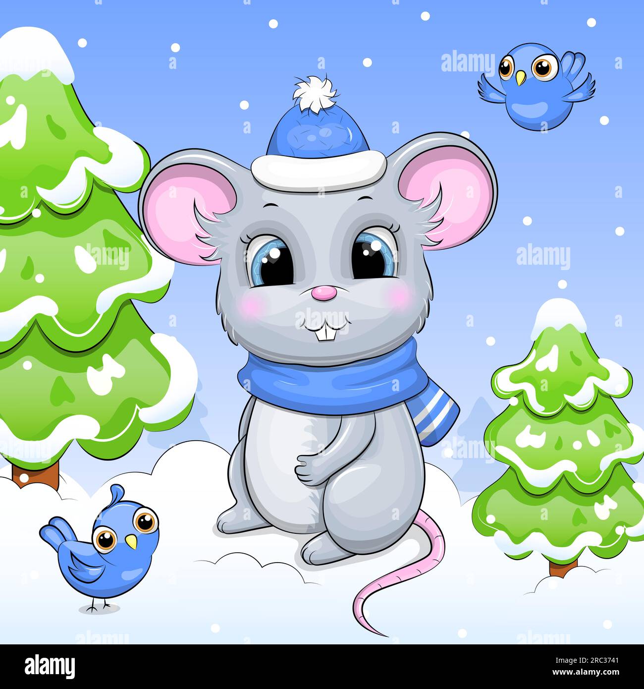 Cute cartoon mouse in a hat and scarf in nature. Winter vector ...