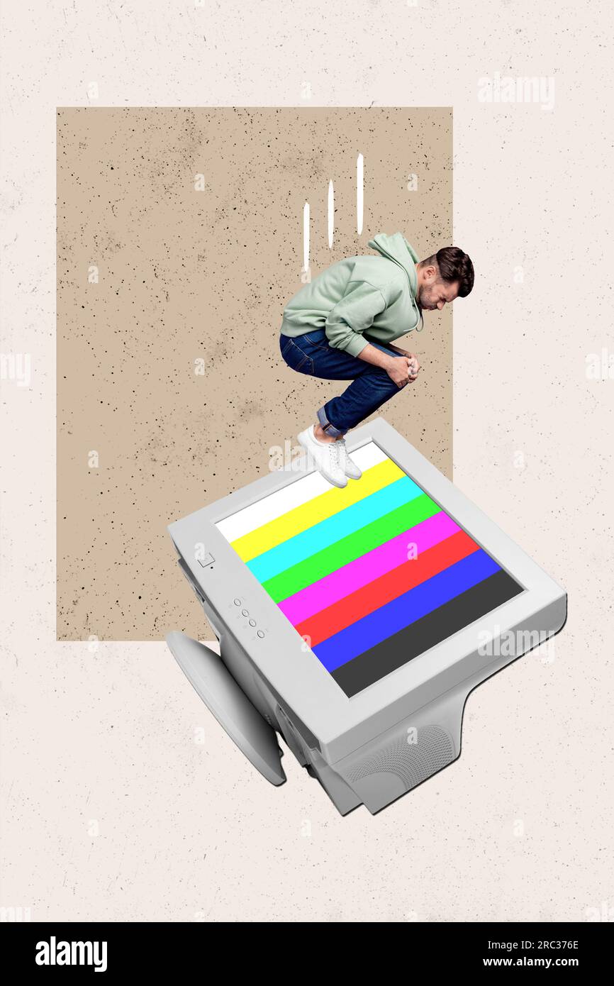 Creative poster collage of active man jumping monitor computer screen ...