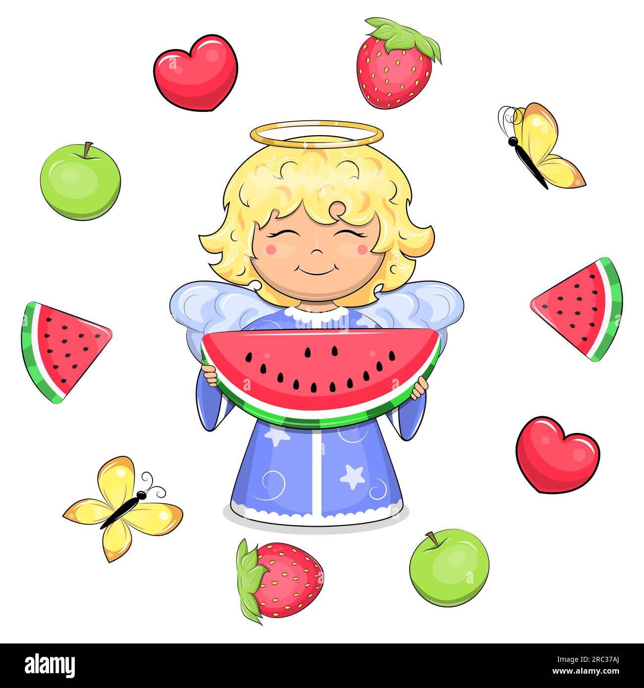 Cute cartoon angel with watermelon in fruit frame. Vector illustration ...