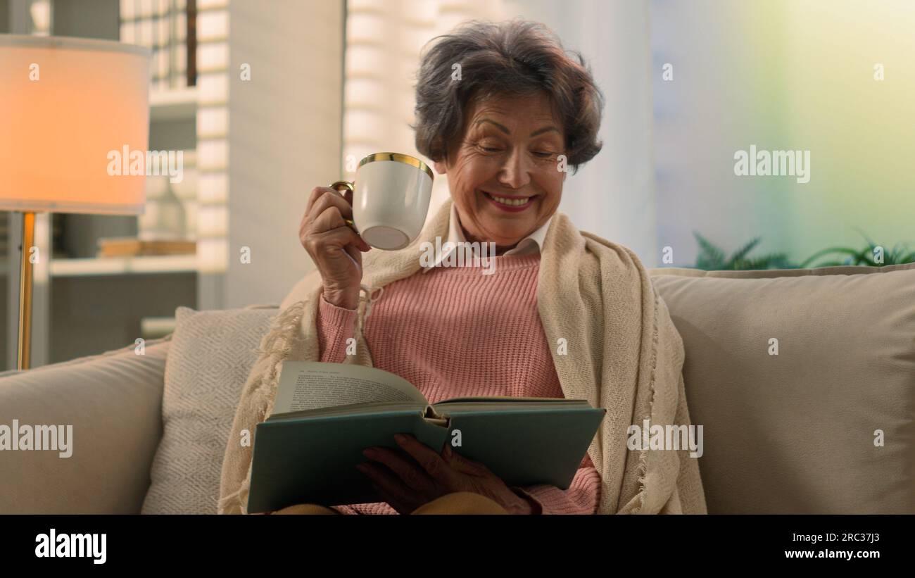 Happy smiling inspired Caucasian old woman covered with blanket on sofa ...