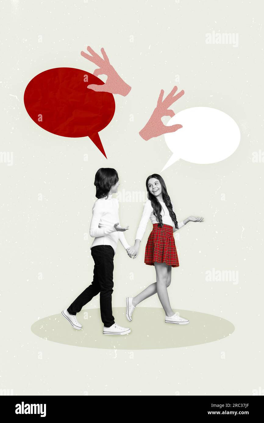 Vertical creative illustration composite photo collage of two young ...