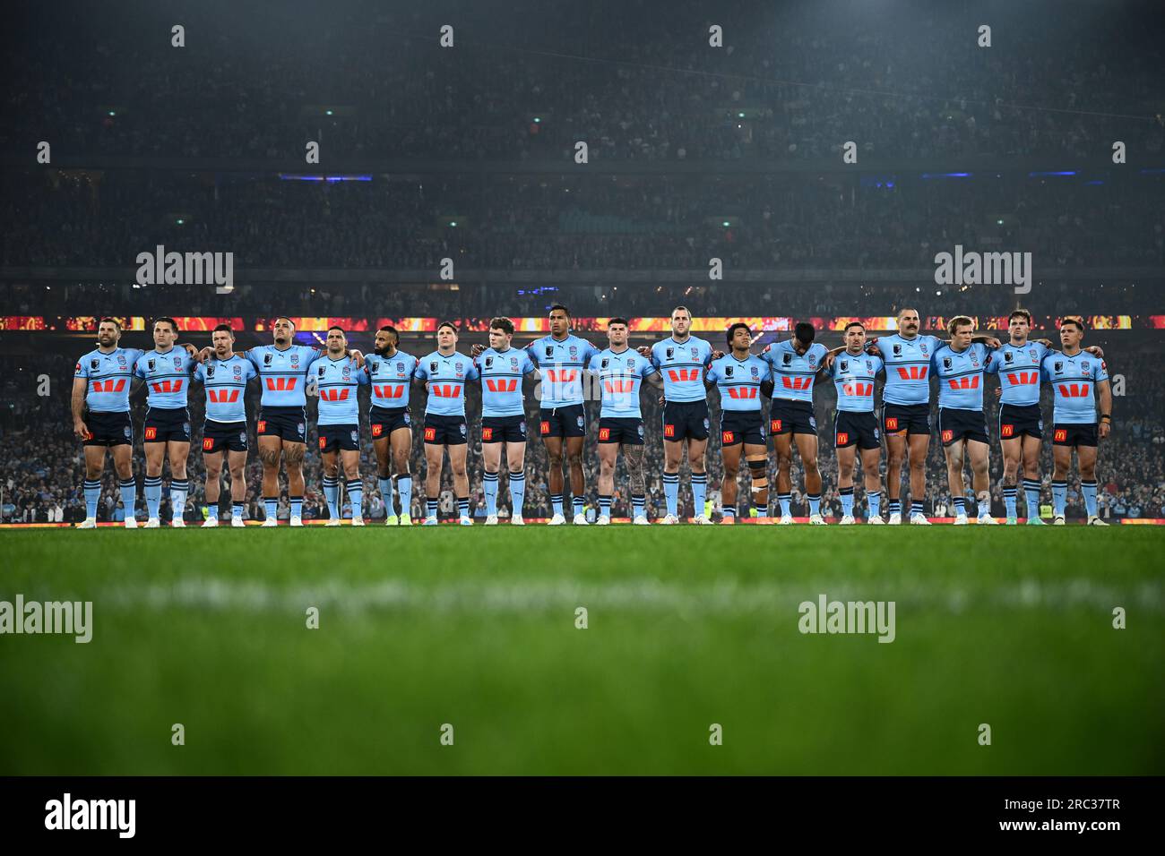 Sydney, Australia. 12th July, 2023. The NSW Blues line up during Game 3 ...