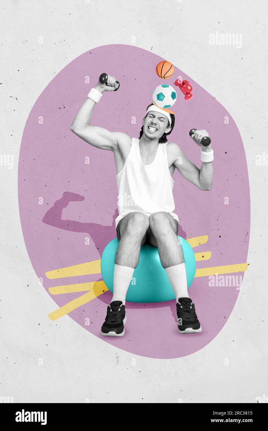 Collage picture of young sportsman athlete bodybuilder muscles gym ...