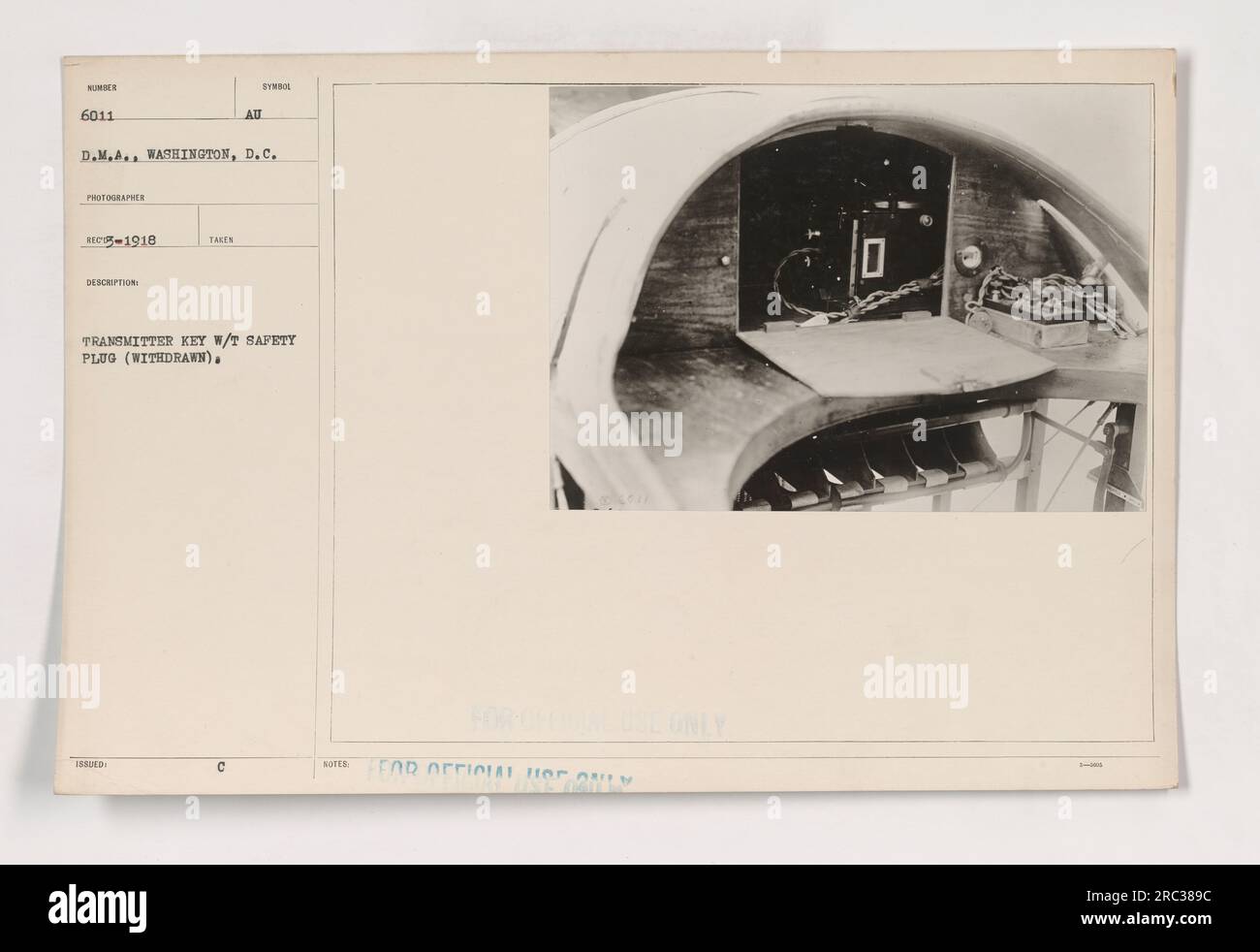 A close-up image of a transmitter key with a safety plug, taken in 1918 ...