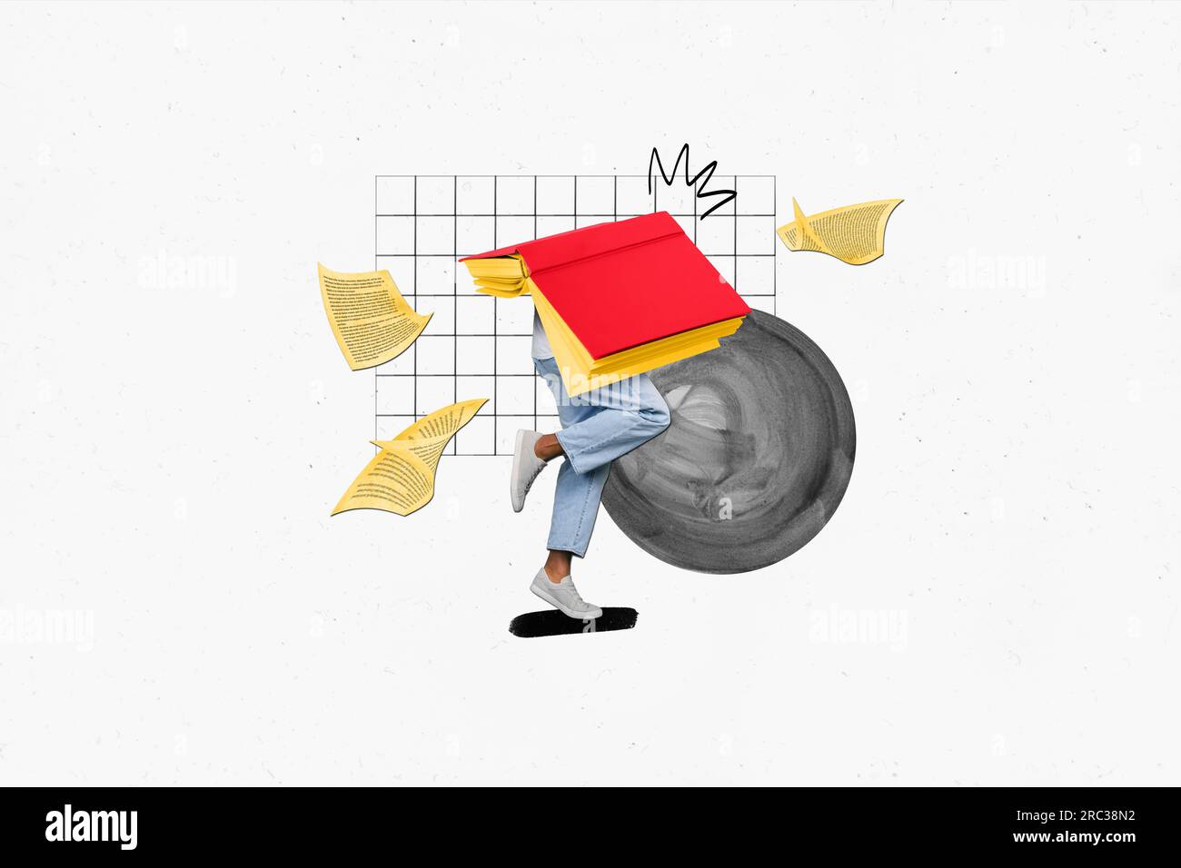 Collage illustration of headless student addiction reading literature ...