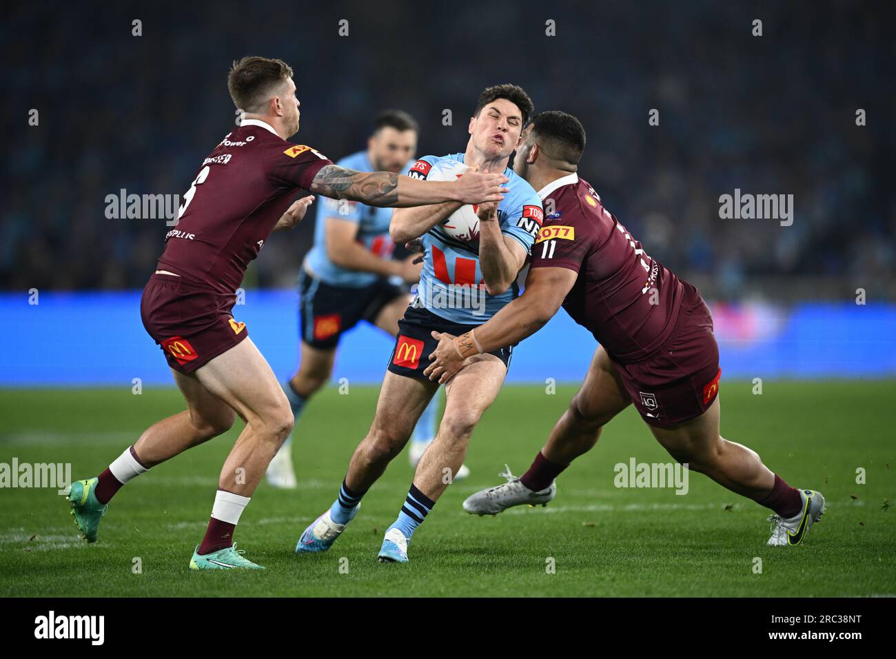Sydney, Australia. 12th July, 2023. Mitch Moses of the Blues is tackled ...