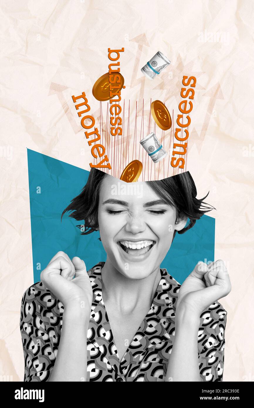 Vertical creative collage of young crazy woman fists up hooray ...