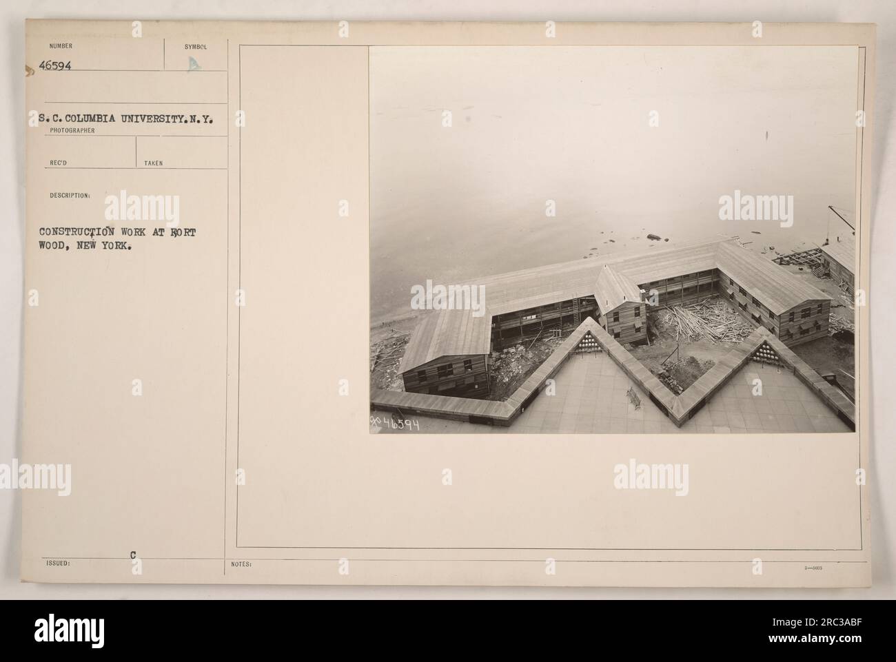 The image shows construction work at Fort Wood, New York during World ...