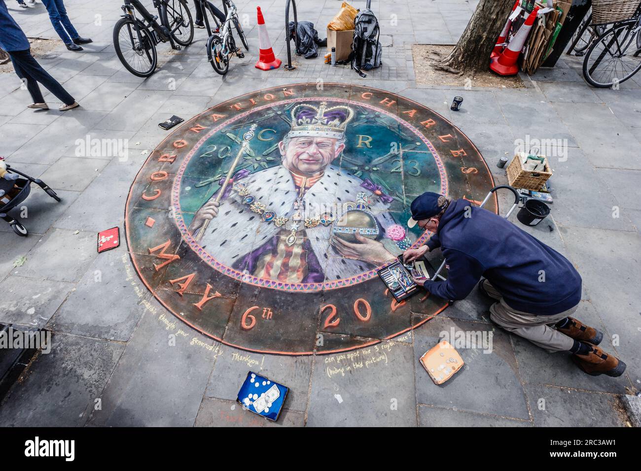 A street artist completes his Coronation Of Charles iii drawing Stock ...