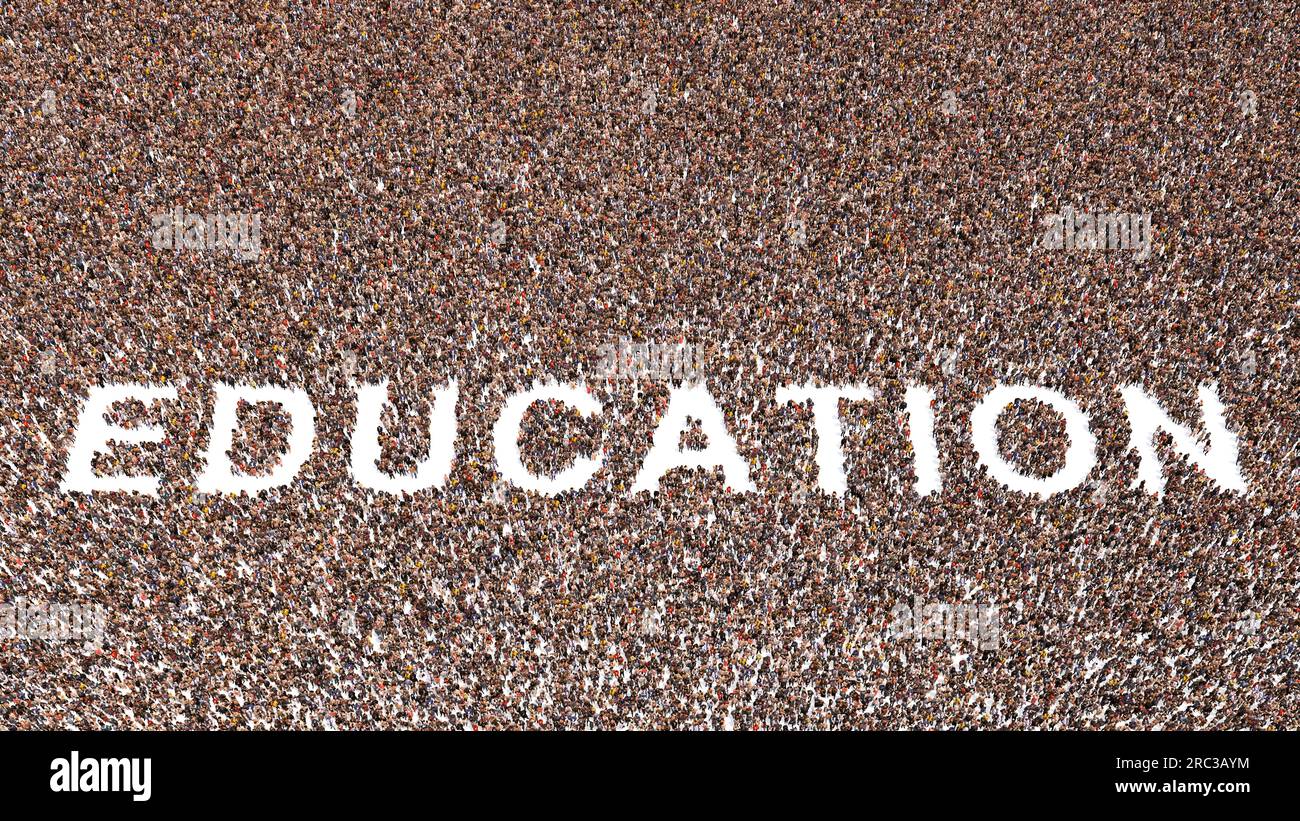 Conceptual large community of people forming the word EDUCATION. 3d ...