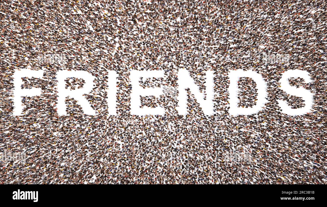 Conceptual large community of people forming the word FRIENDS. 3d ...