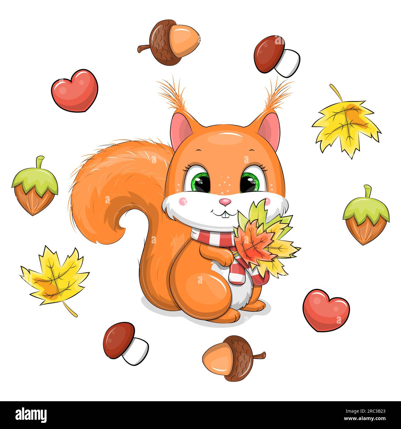 Cute cartoon squirrel with red scarf, fallen leaves in autumn frame ...