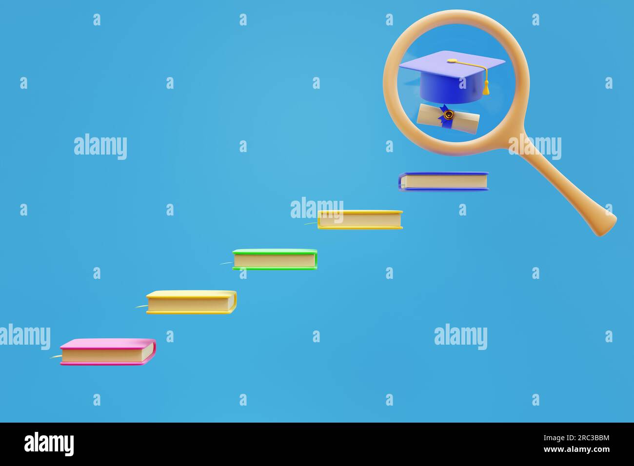 Books ladder of education. Academic graduate cap in magnifying glass ...