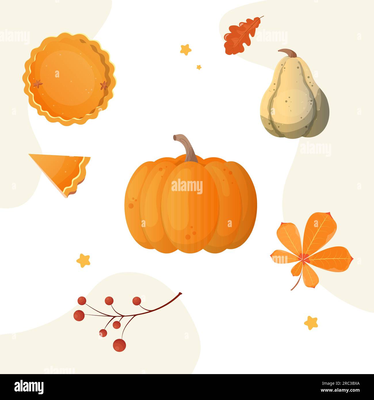 Thanksgiving vector illustration set, pumpkin, pie and leaves. Vector ...