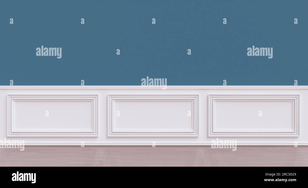Classic white wainscot on empty blue wall. Retro panel wall and wooden ...