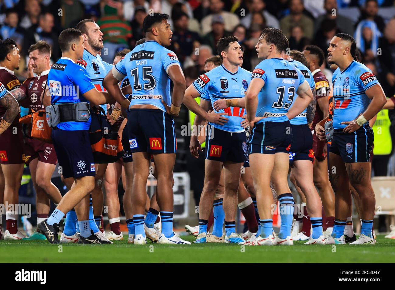 Sydney, Australia. 12th July, 2023. Blues players look on after a ...