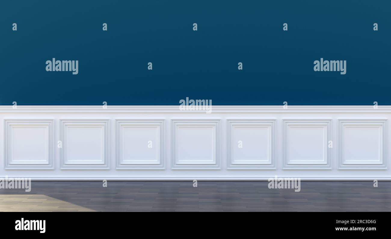 Classic white wainscot on empty blue wall. Retro panel wall and wooden ...