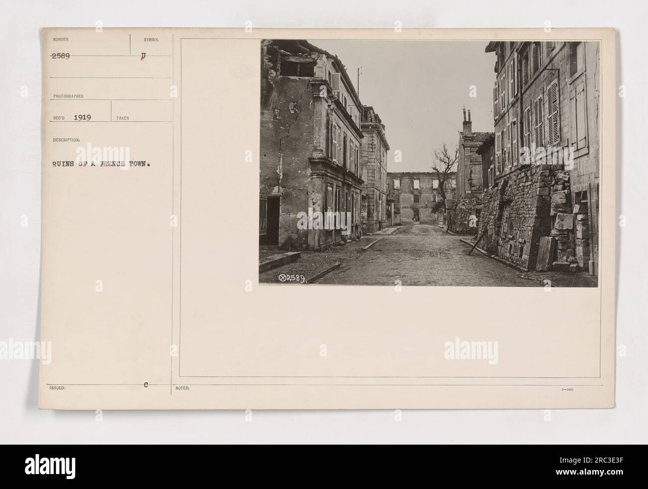 Ruins of a French town captured in a photograph taken in 1919. The ...