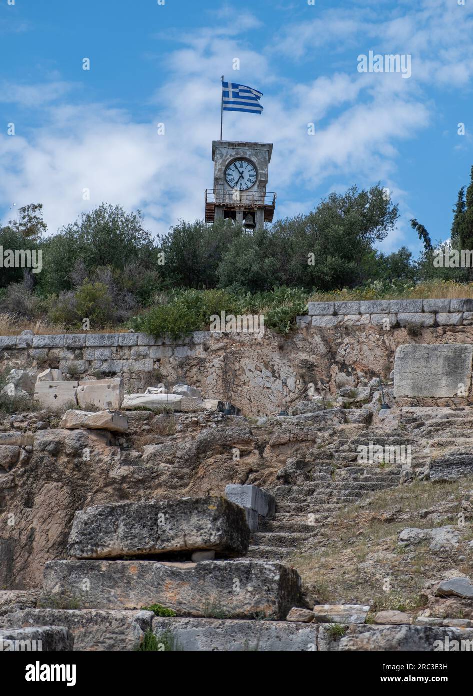 Elefsina Clock Tower at highest point over Archaeological Site, Attica ...