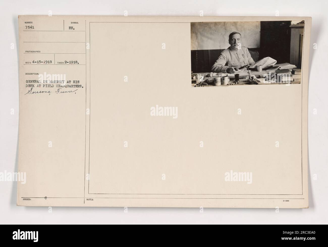 General De Maudhuy at his field headquarters desk in Soissons, France ...