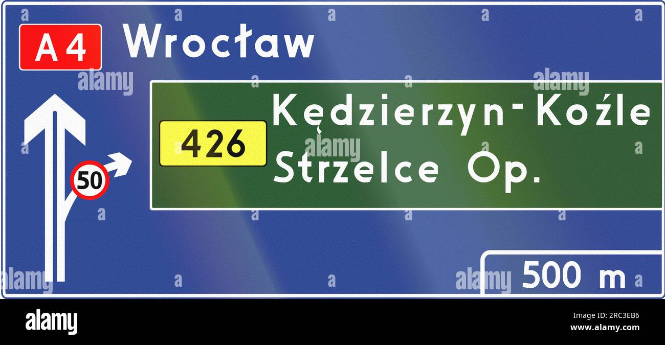 Polish road sign: Motorway exit Stock Photo - Alamy