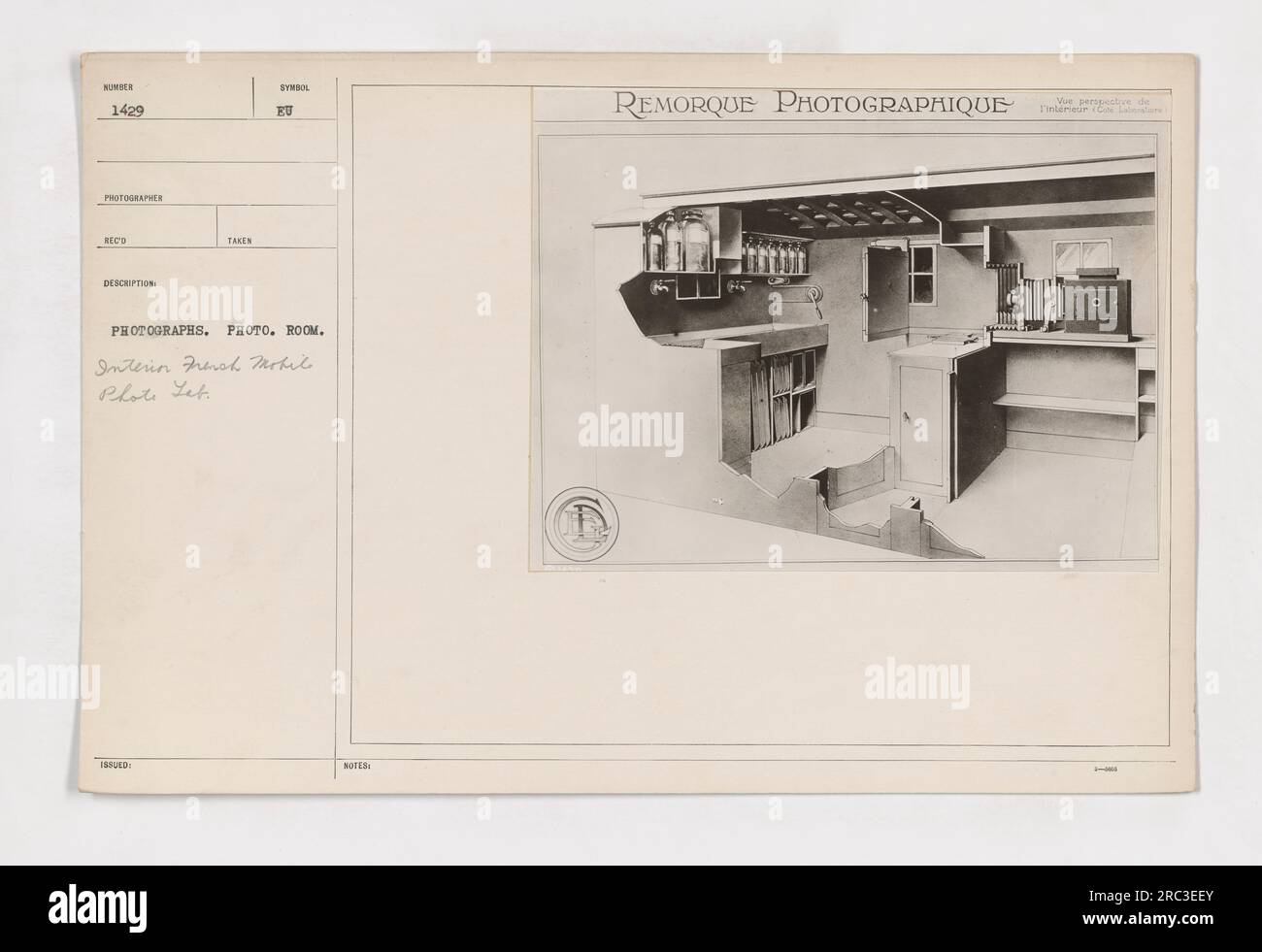 Inside view of a mobile photographic room during World War One. The ...