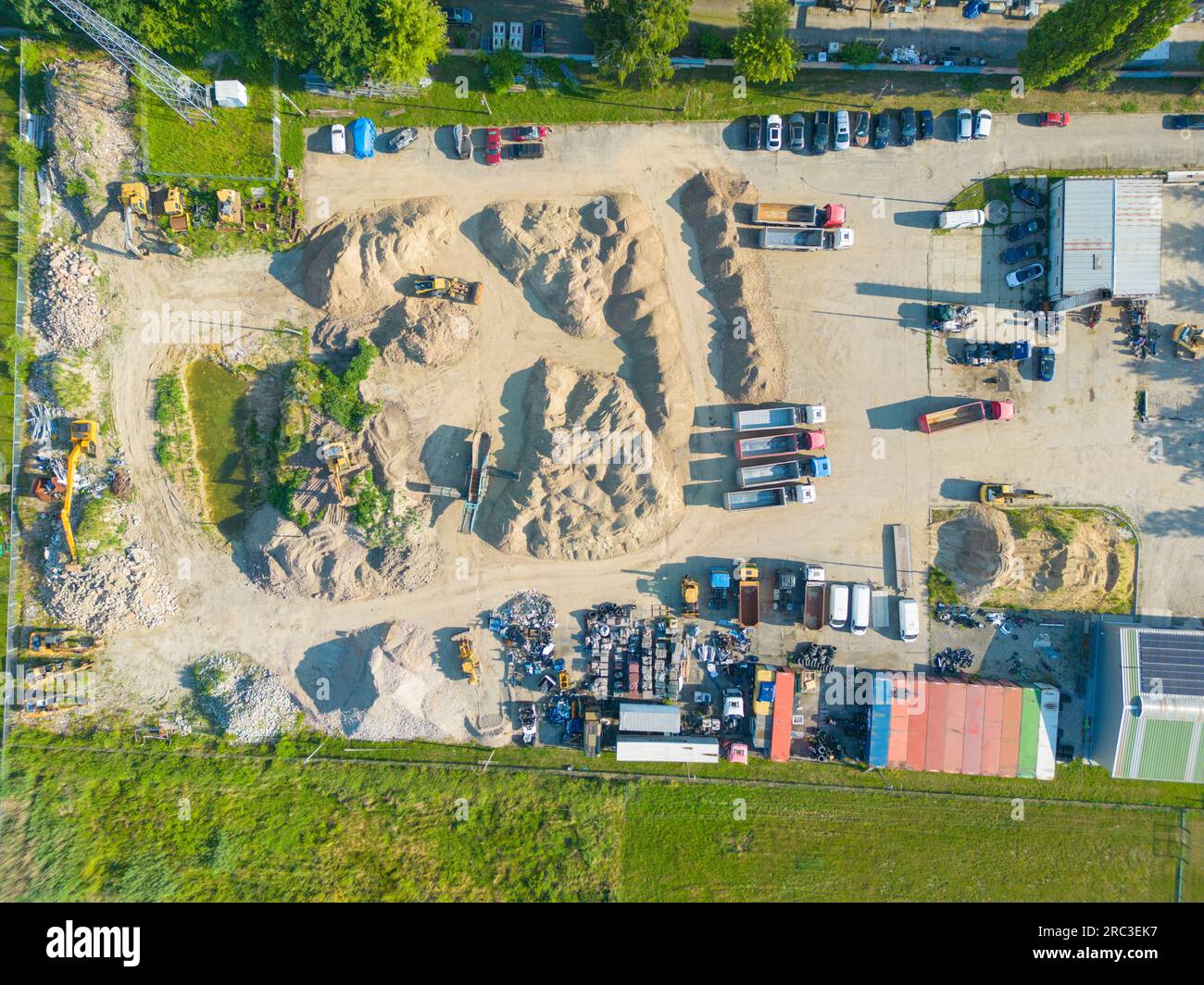 Aerial view of the logistics park with warehouse, loading hub and many ...