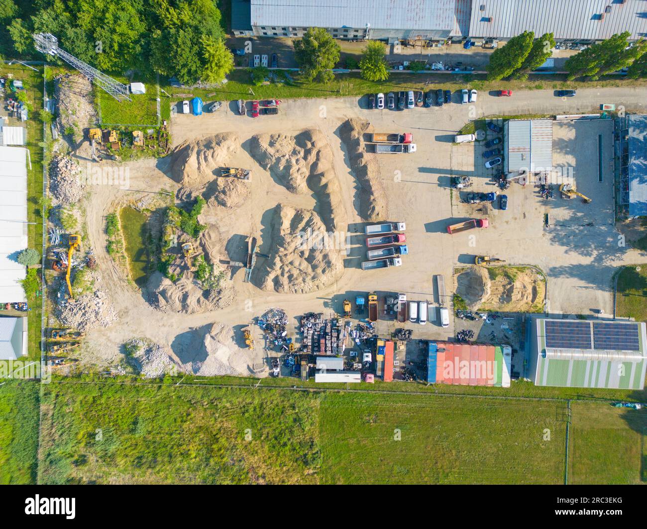 Aerial view of the logistics park with warehouse, loading hub and many ...