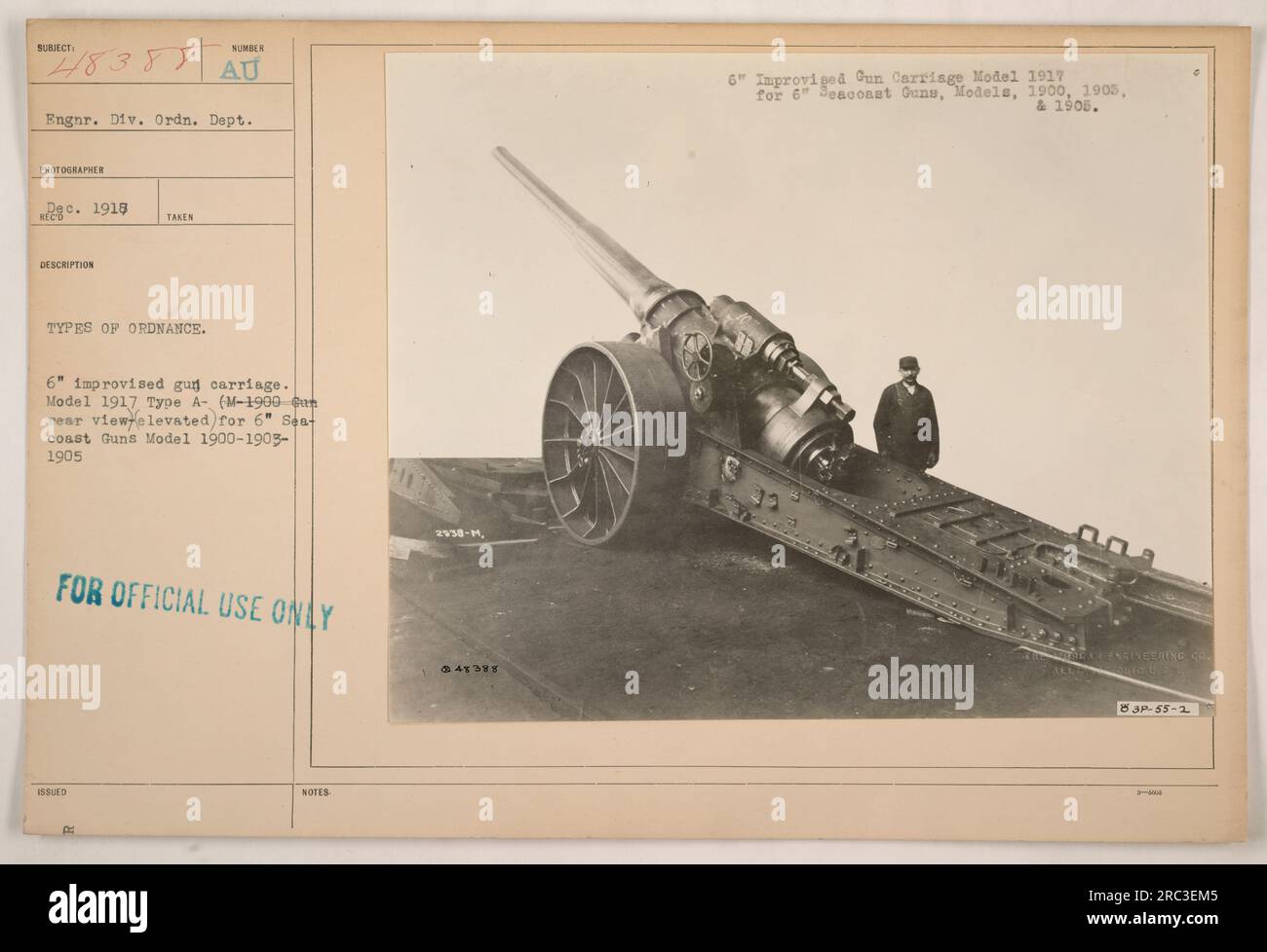 Rear view of a 6" improvised gun carriage, Model 1917, Type A, elevated ...