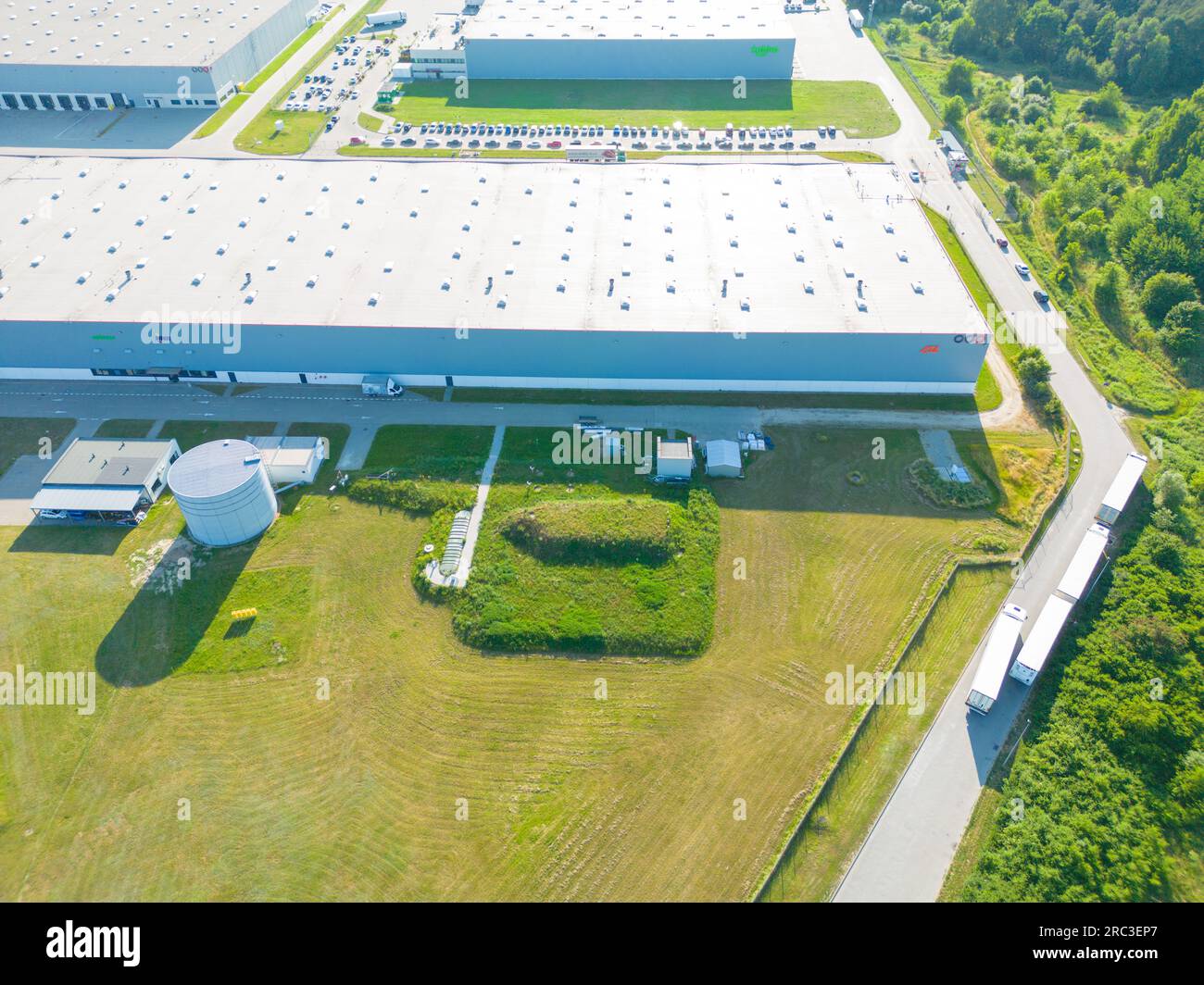 Aerial view of goods warehouse. Logistics center in industrial city ...