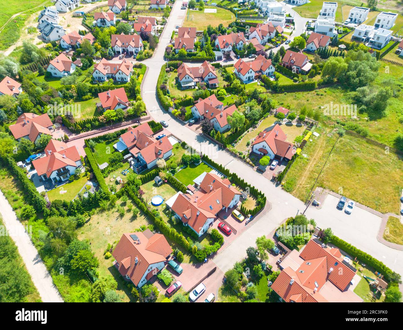 Aerial of new construction luxury residential neighborhood street ...